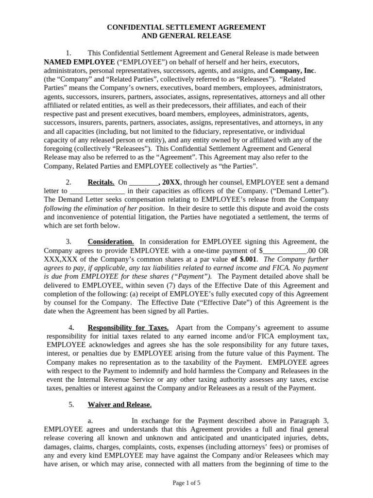 SAMPLE EMPLOYEE Settlement Agreement | PDF | Employment | Defamation