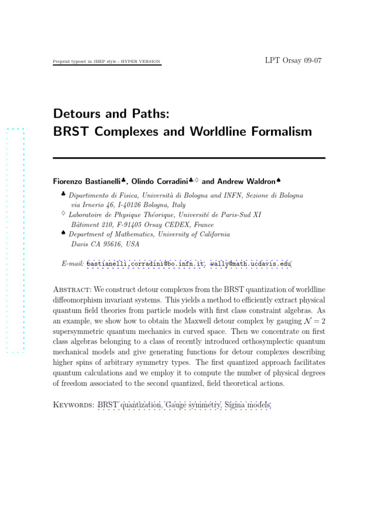 Detours and Paths: BRST Complexes and Worldline Formalism: Fiorenzo ...