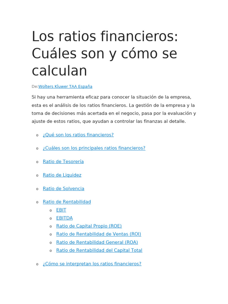 Los Ratios Financieros | PDF | Ratio financiero | Rentabilidad sobre ...