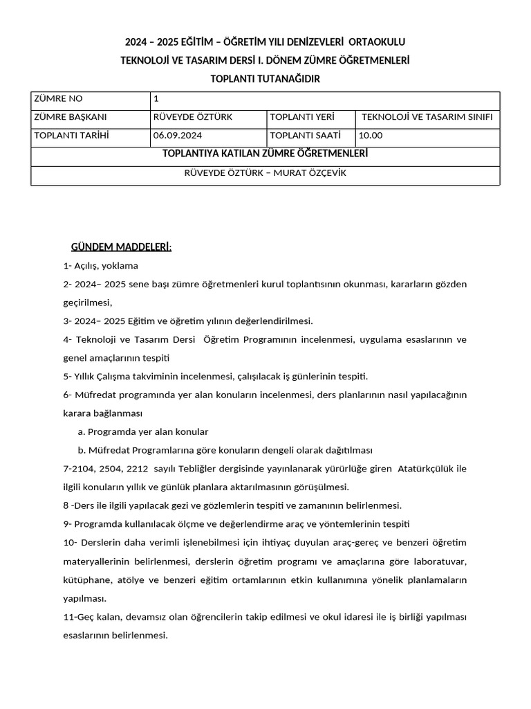 2024 2025 Tek Ve Tas Senebaşi Zümre Toplanti Tutanaği | PDF