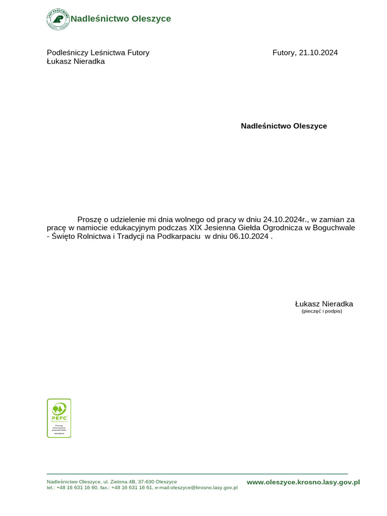 Wniosek o Wolne | PDF