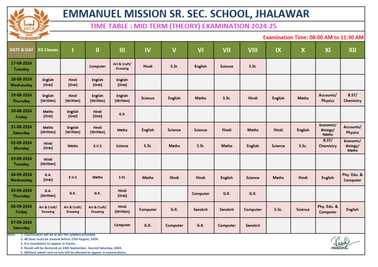 Theory Half Yearly Time Table 2024-25 | PDF
