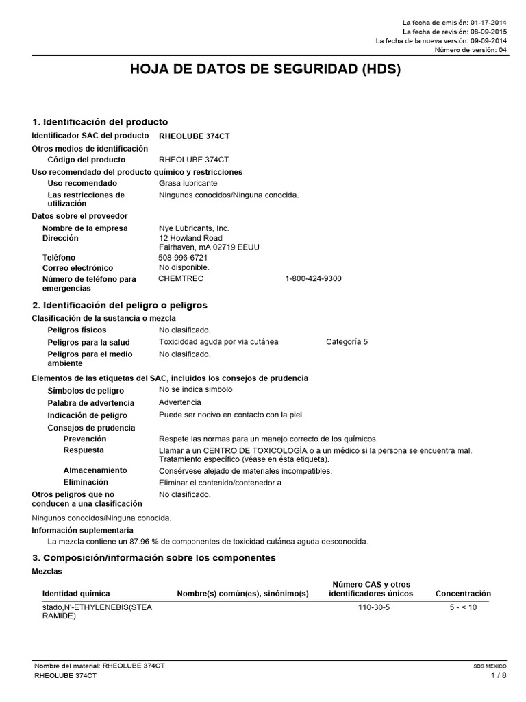 SDS - MEXICO - Mexican - Spanish - RHEOLUBE 374CT | PDF