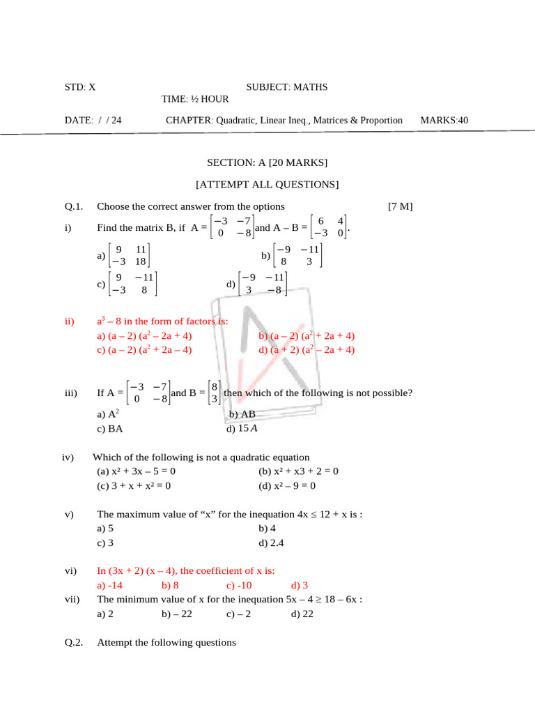 10th Mat - Quad - Lin - Ratio QP | PDF | Matrix (Mathematics ...