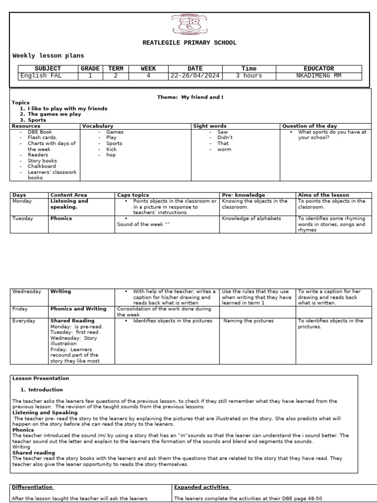 Grade 1 week 4 Term 2 ( English ) | PDF | Phonics | Behavior Modification