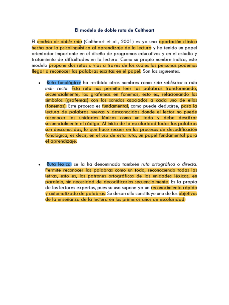 El Modelo de Doble Ruta de Coltheart | PDF