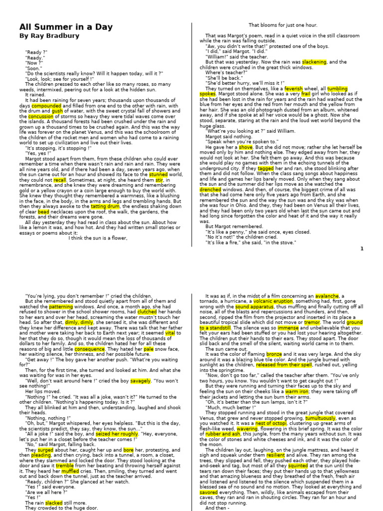 Story - All Summer in A Day by Ray Bradbury | PDF | Language Arts ...