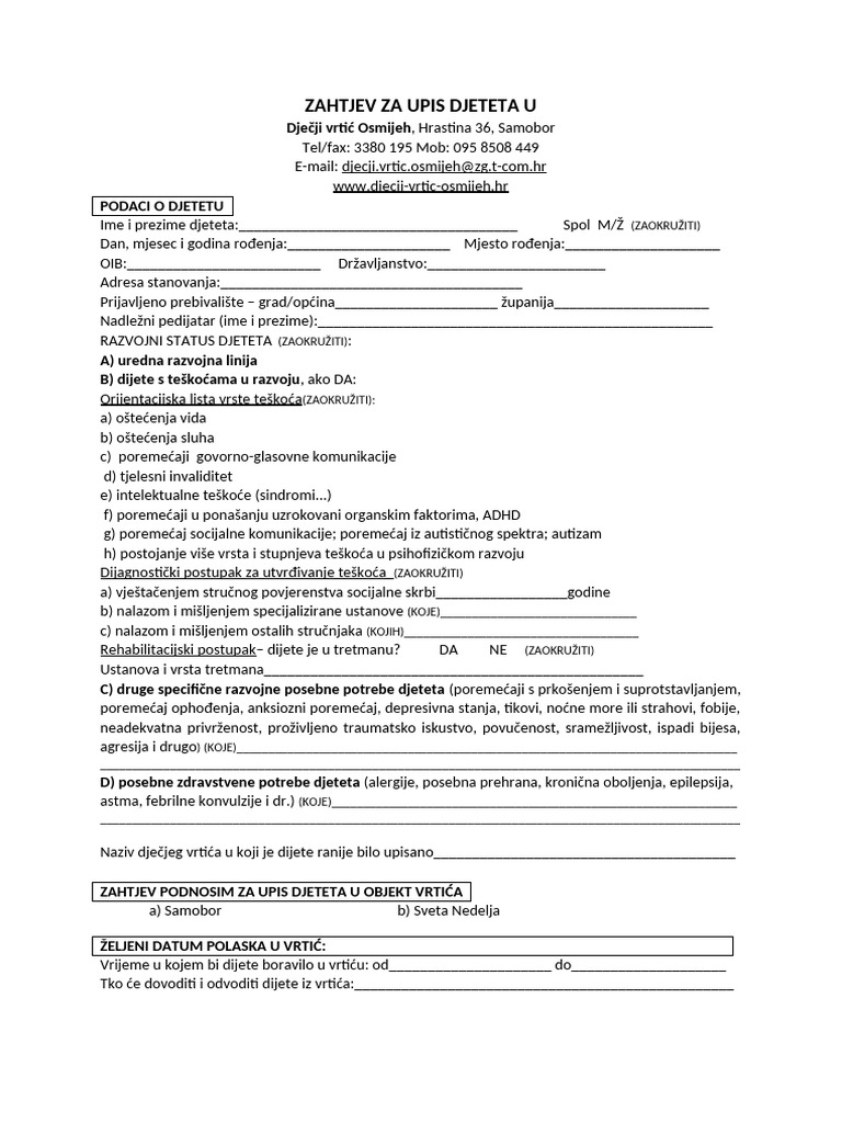 Zahtjev Za Upis | PDF