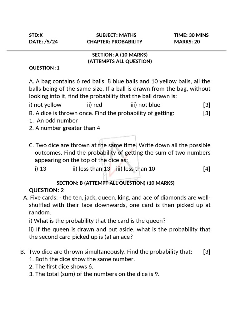 Probability QP For 10th ICSE | PDF