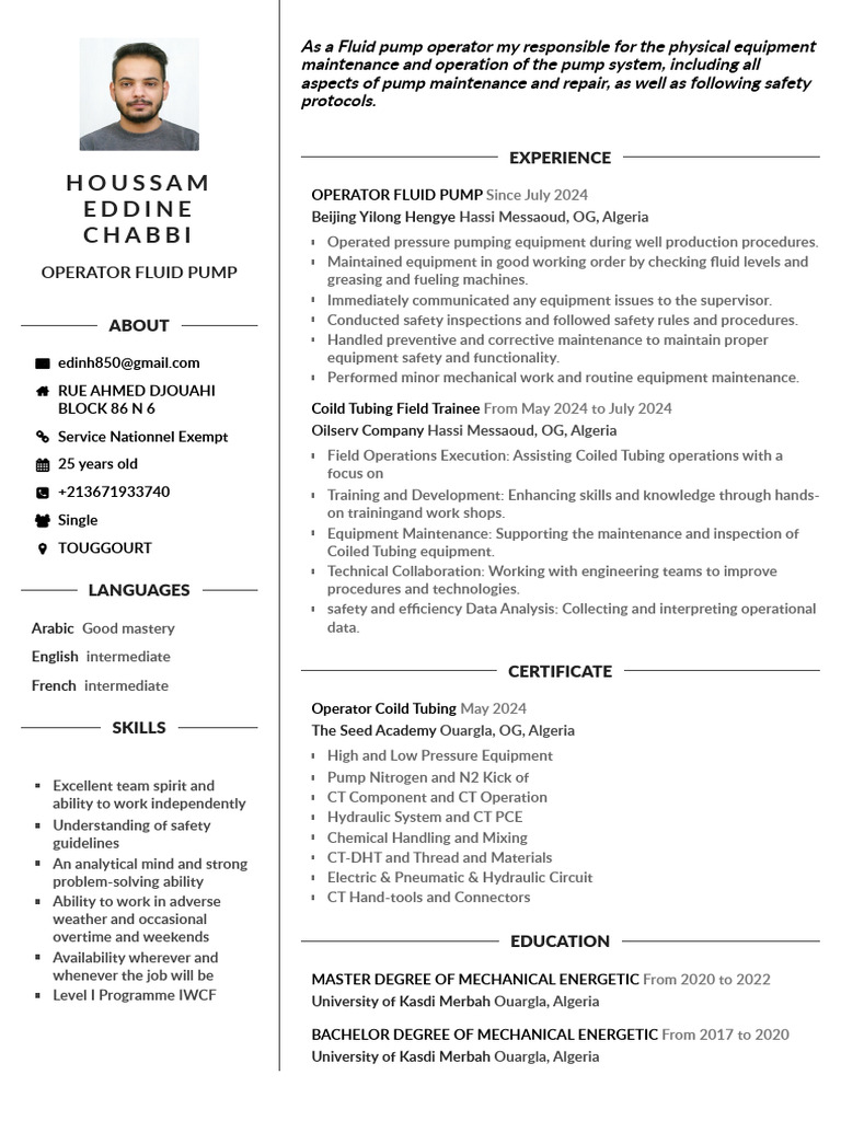 CV - 2024-10-08 - Houssam Eddine - Chabbi | PDF | Pump