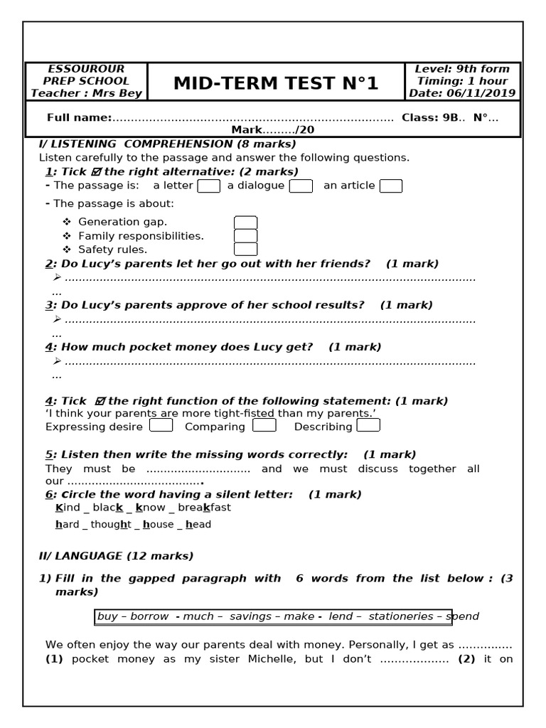 9th Form Test N°1 | PDF | Language Arts & Discipline | Self-Improvement
