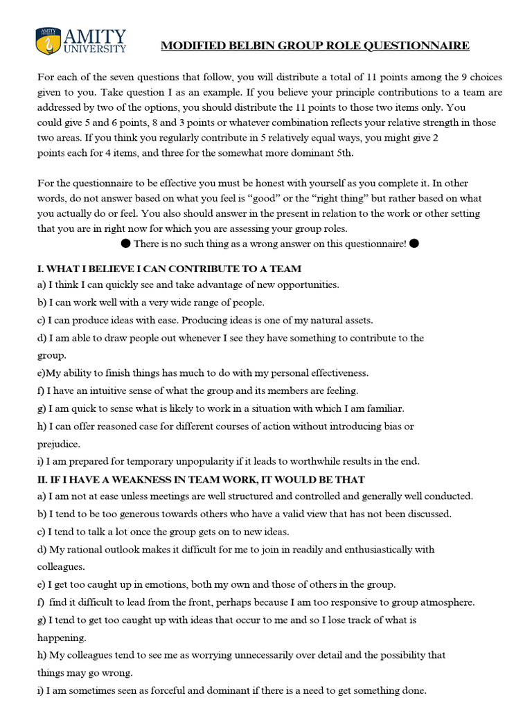BS309 Module 3 Belbin Questionnaire Quadrant 2 | PDF | Feeling | Mental ...