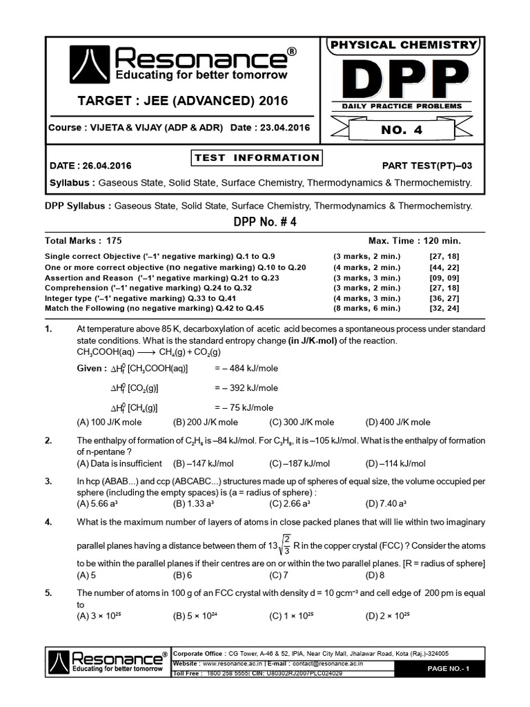 JEE Advanced 2016 Physical Chemistry DPP | PDF | Gases | Adsorption