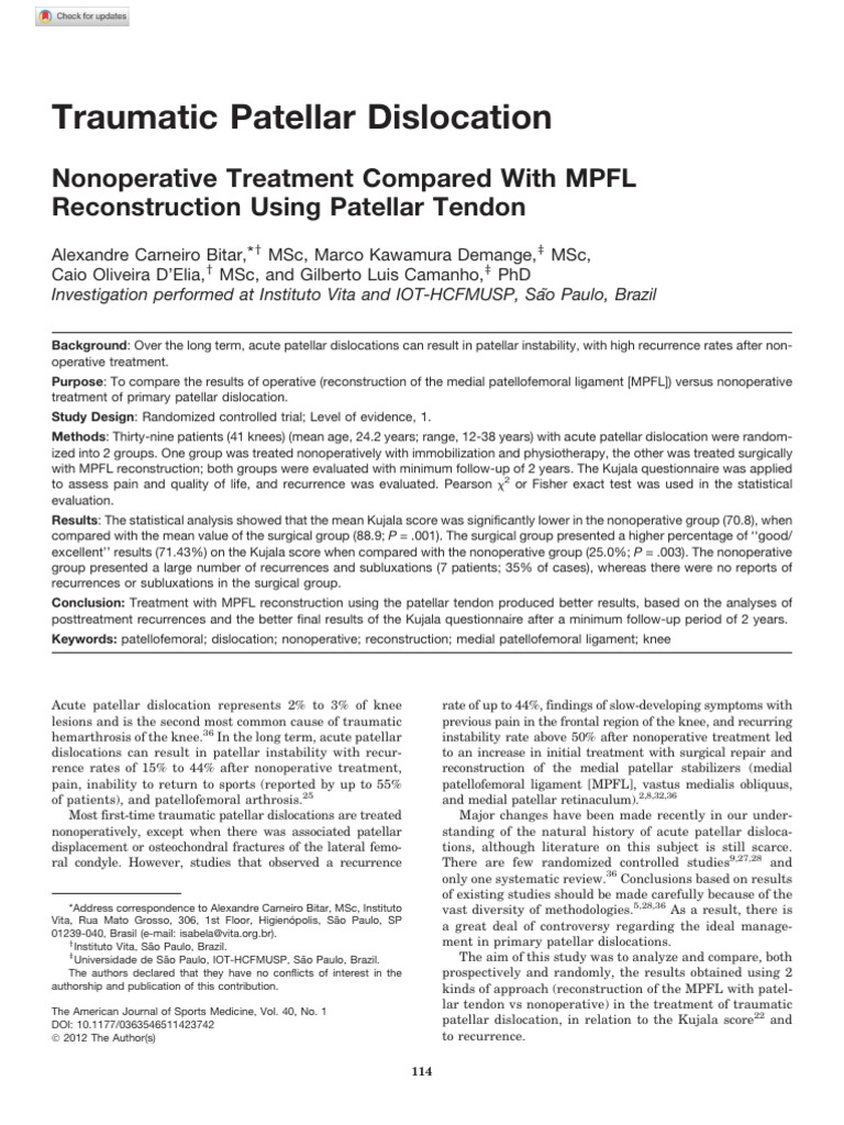 Bitar Et Al 2011 Traumatic Patellar Dislocation Nonoperative Treatment ...