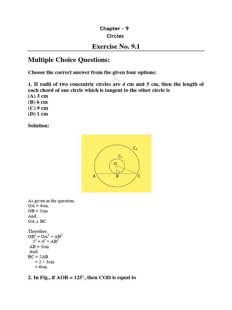 Exercise No. 9.1 Multiple Choice Questions:: Chapter - 9 Circles | PDF ...