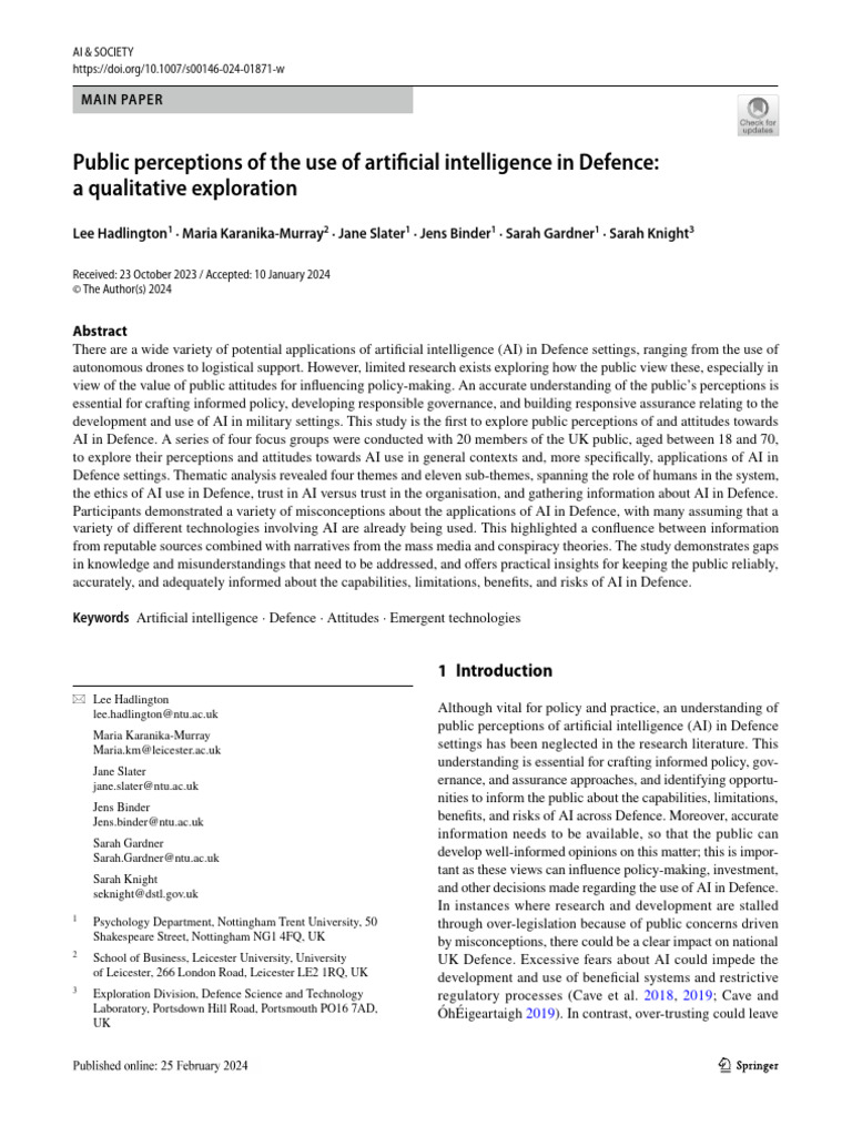 Public Perceptions of The Use of Artificial Intelligence in Defence - A Qualitative Exploration ...
