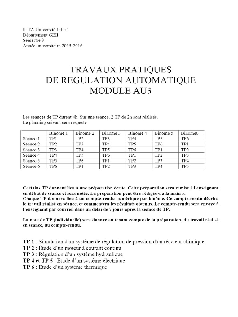 Travaux Pratiques de Regulation Automatique Module Au3 | PDF