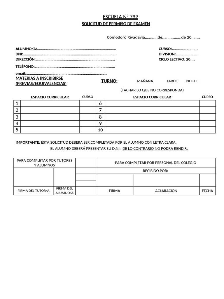Solicitud Permiso Examen Escuela 799 | PDF