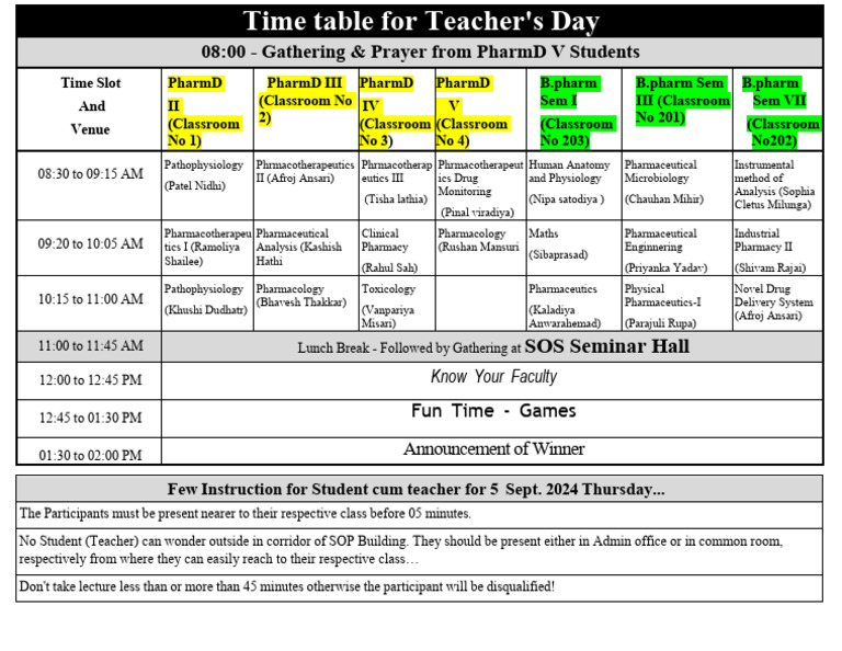 Teacher's Day Time table | PDF | Pharmacy | Pharmacology
