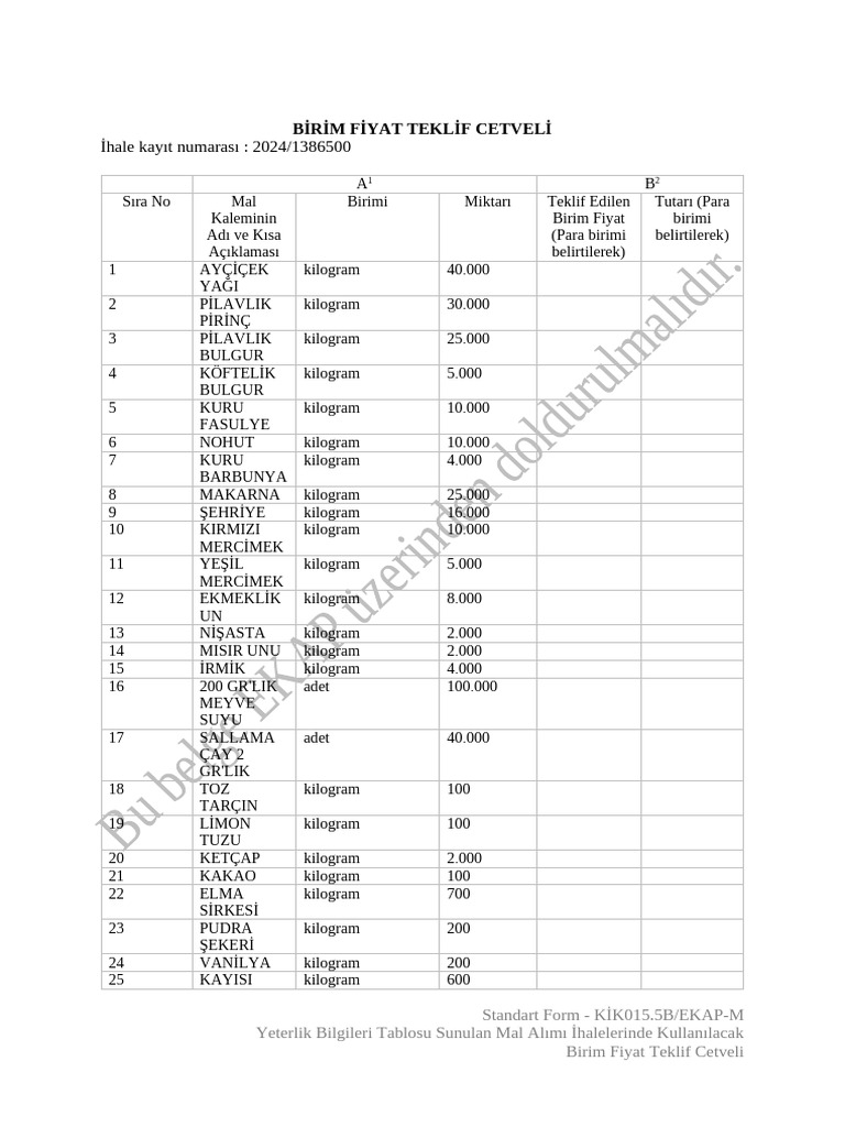 2024 1386500 Birim Fiyat Teklif Cetveli KIK0015 5B EKAP M | PDF