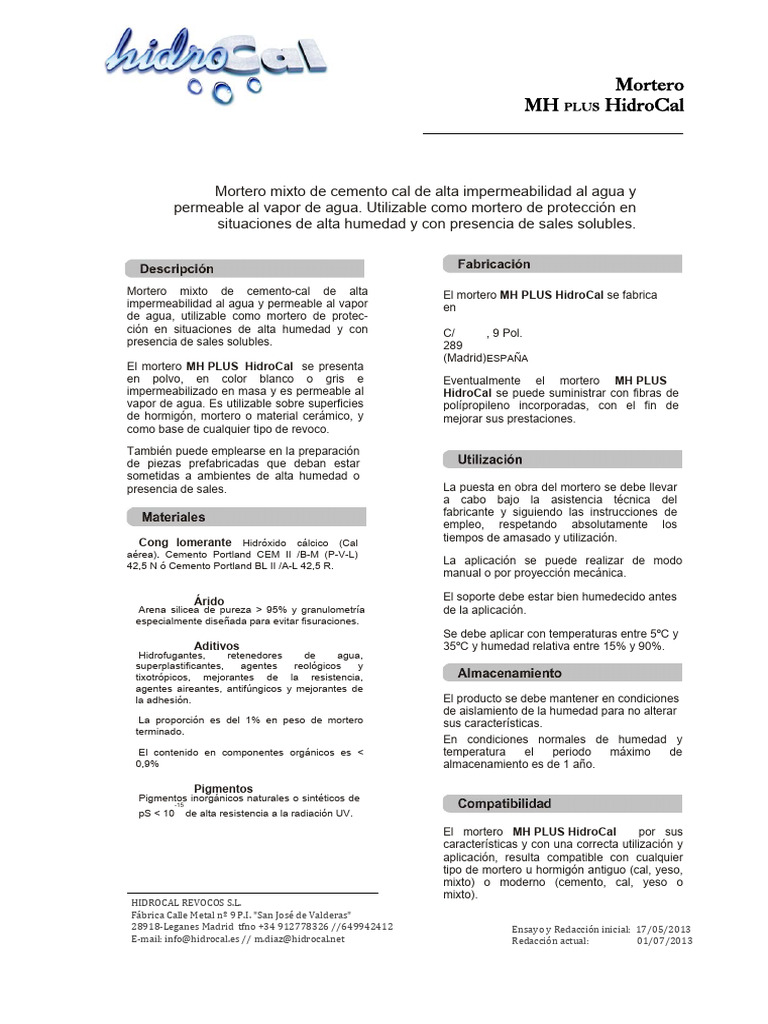 Ficha Mortero Mhplus Hidrocal | PDF | Mortero (Albañilería) | Cemento