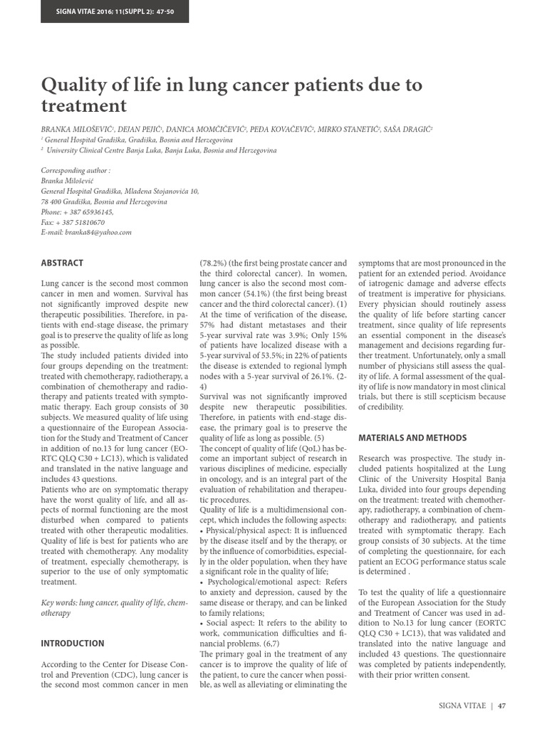 Quality of Life in Lung Cancer Patients Due To Treatment Signa Vitae ...