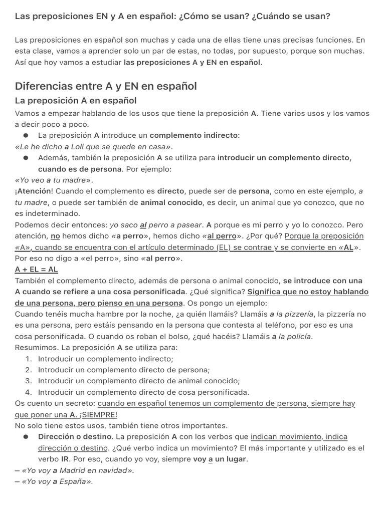 Las Preposiciones EN y A en Español ¿Cómo Se Usan ¿Cuándo Se Usan | PDF ...
