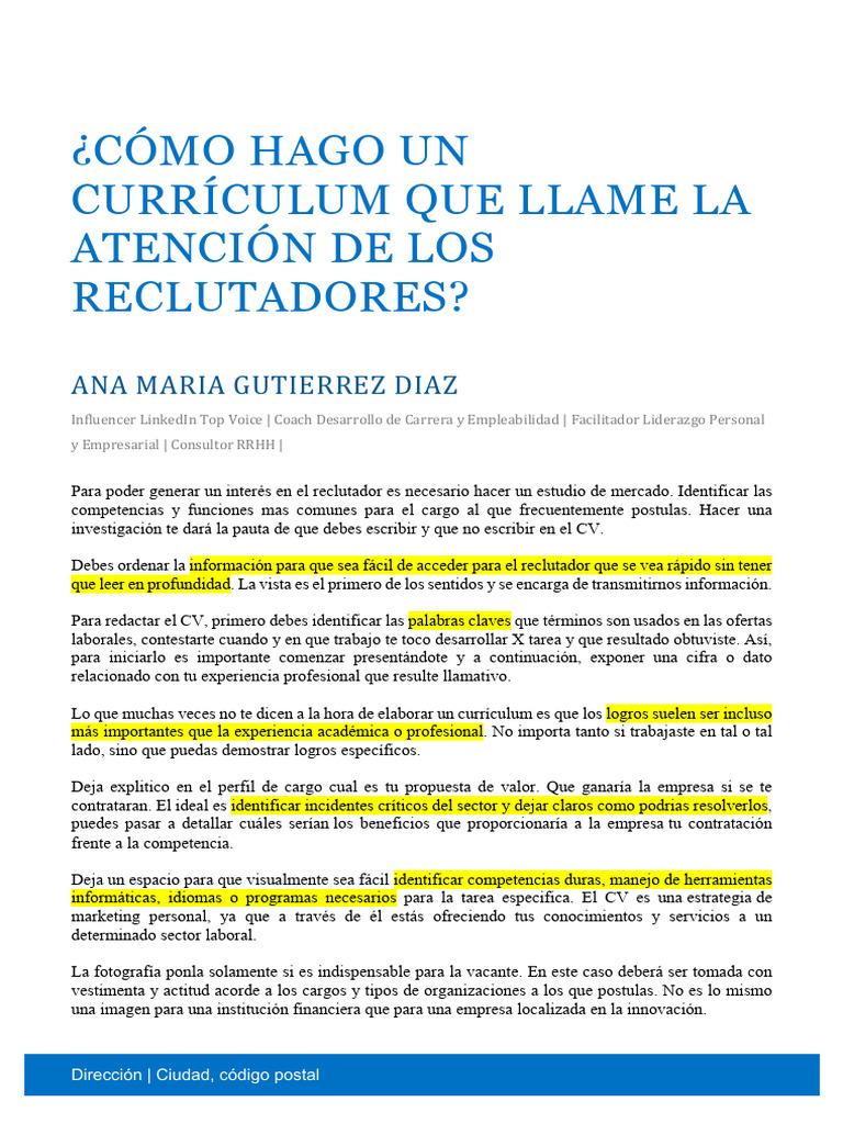 Tips CV - Ana Maria Gutierrez Diaz | PDF | Marketing | Plan de estudios