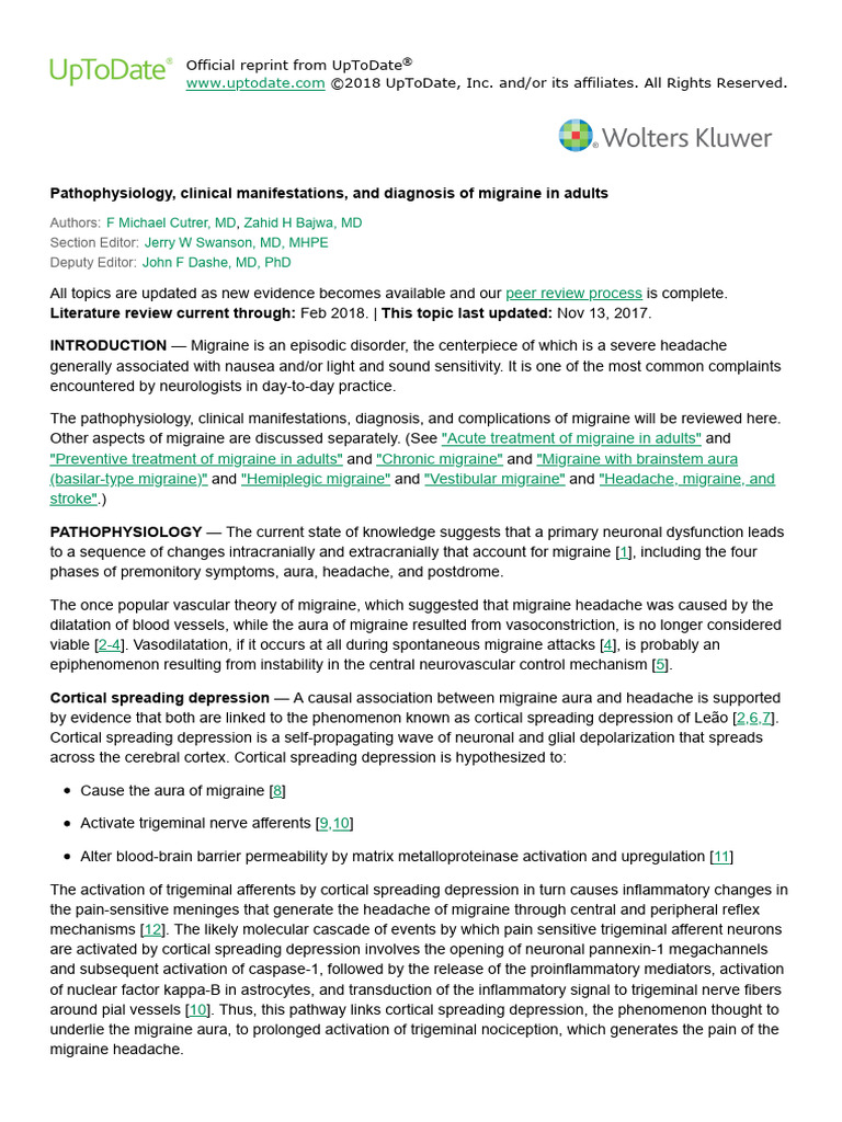 Pathophysiology, Clinical Manifestation... Nosis of Migraine in Adults ...