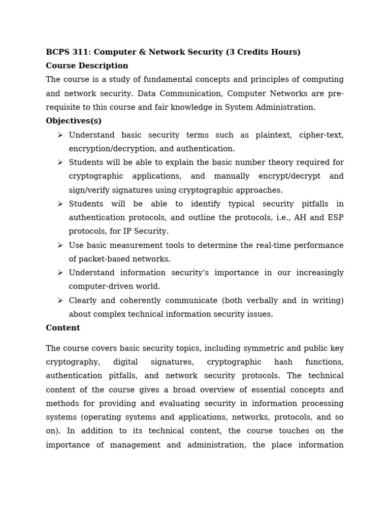 Bcps 311 Computer And Network Security Course Outline Pdf