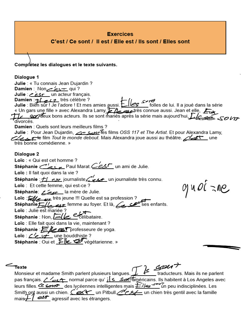 Exercices sur "C'est" et "Il est" | PDF