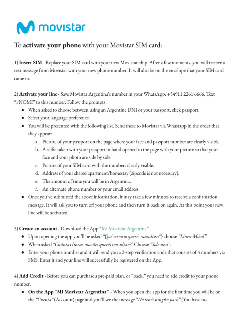 Instructions To Activate A Movistar SIM Card | PDF