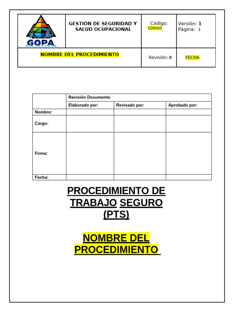 PTS para Procedimiento | PDF | Seguridad y salud ocupacional | Riesgo