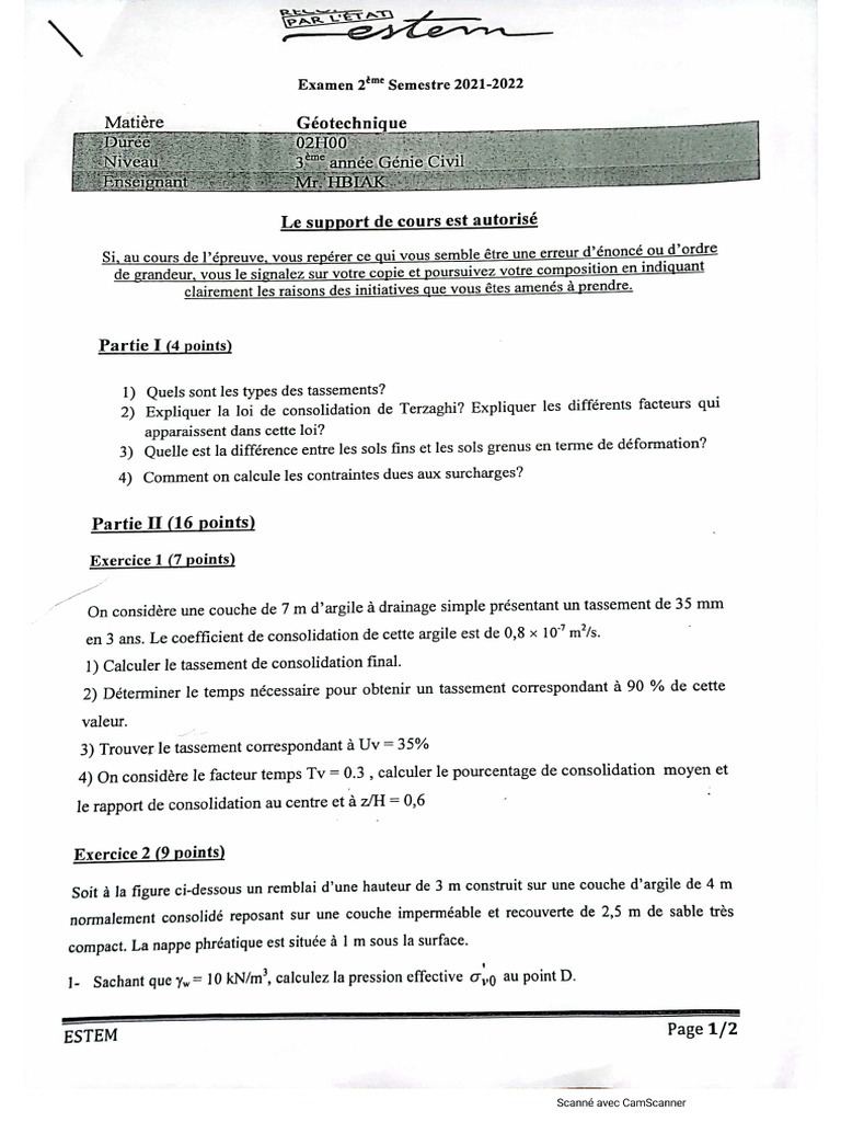 Examen 2 Ème Semestre 21-22 Géotechnique | PDF