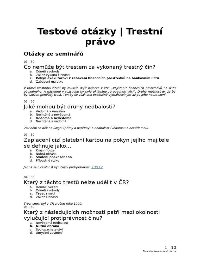 Testové Otázky - Trestní Právo - 4. Ročník | PDF