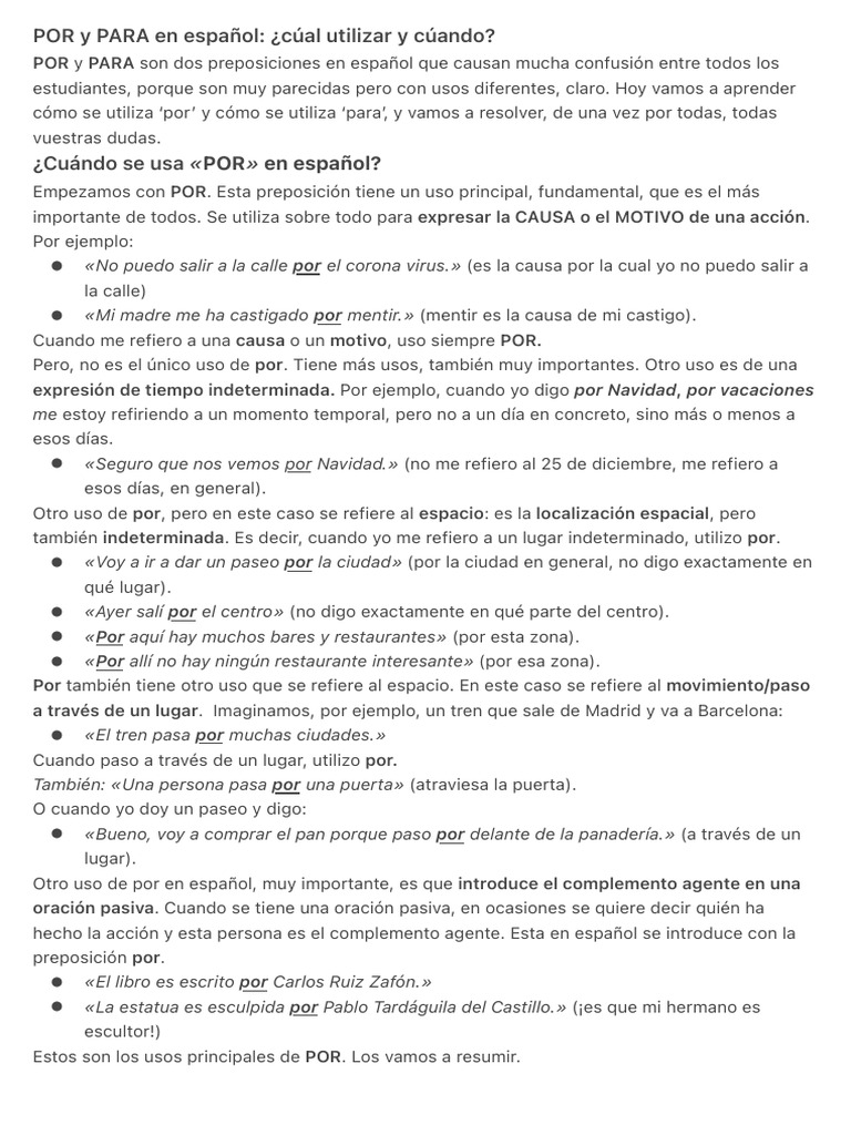 POR y PARA en Español ¿Cúal Utilizar y Cúando | PDF