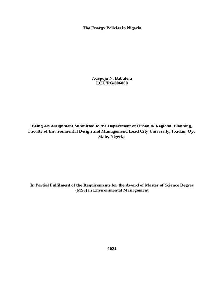Adepeju's Assignment On The Energy Policies in Nigeria | PDF | Renewable Energy | Sustainability