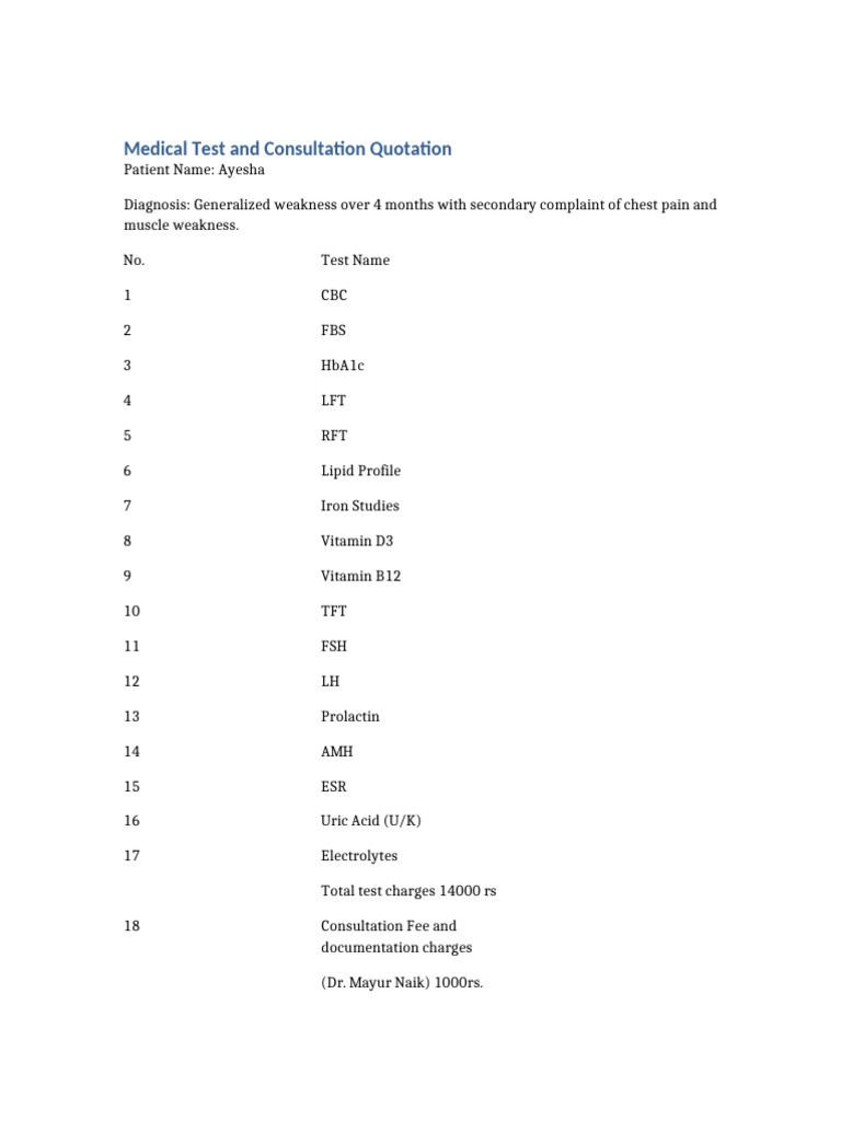 Medical Test Quotation For Ayesha | PDF
