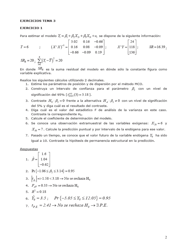 Ejercicios tema 3 | PDF | Coeficiente de determinación | Mínimos cuadrados ordinarios