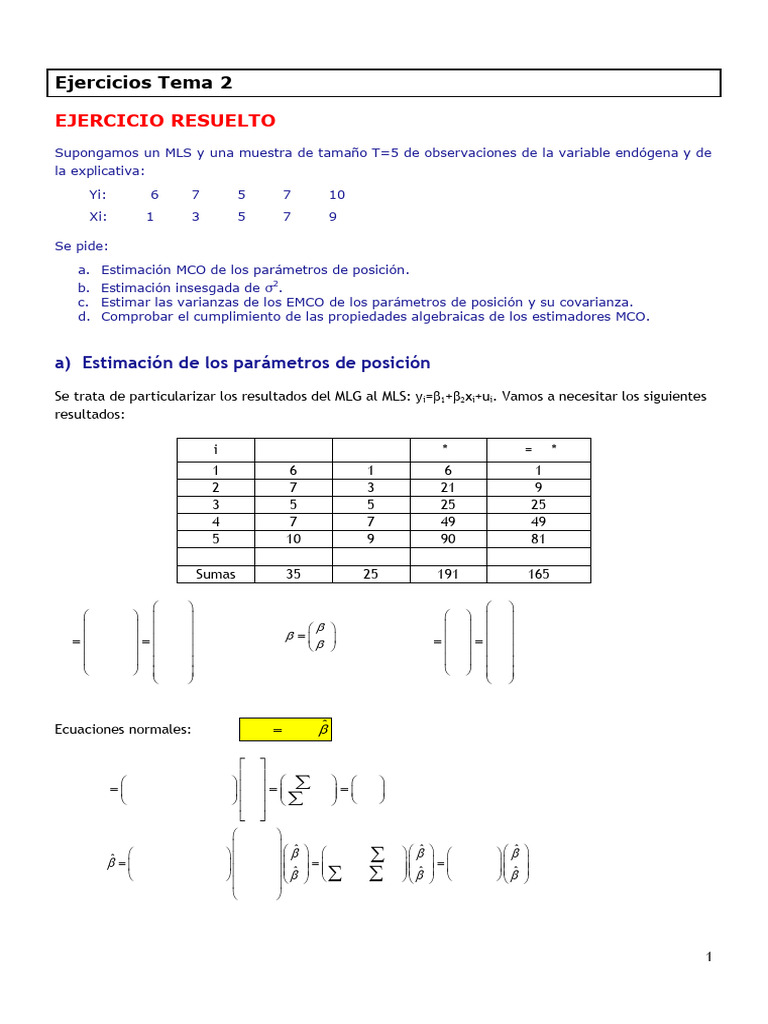Ejercicios pizarra tema 2 | PDF | Mínimos cuadrados ordinarios | Estimador