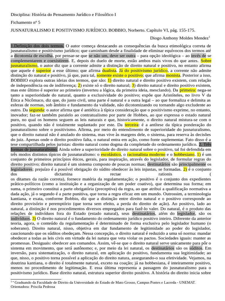 Fichamento 5 - Jusnaturalismo e Positivismo Jurídico, Norberto - Diogo ...