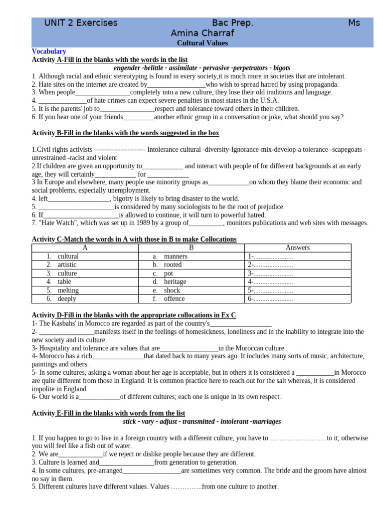 UNIT 2 Exercises Bac Prep | PDF | Prejudices | Hatred