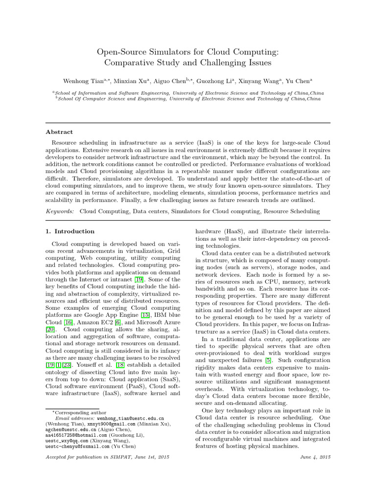 Open-Source Simulators For Cloud Computing: Comparative Study and Challenging Issues | PDF ...