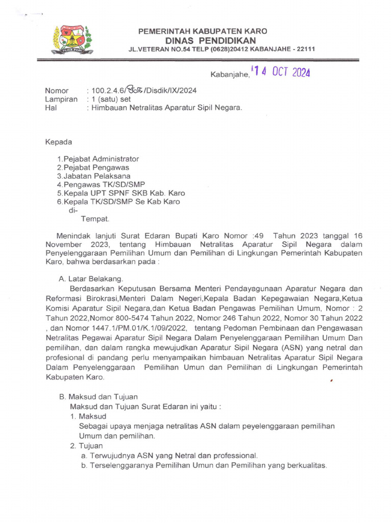 Surat Edaran Himbauan Netralitas Asn | PDF