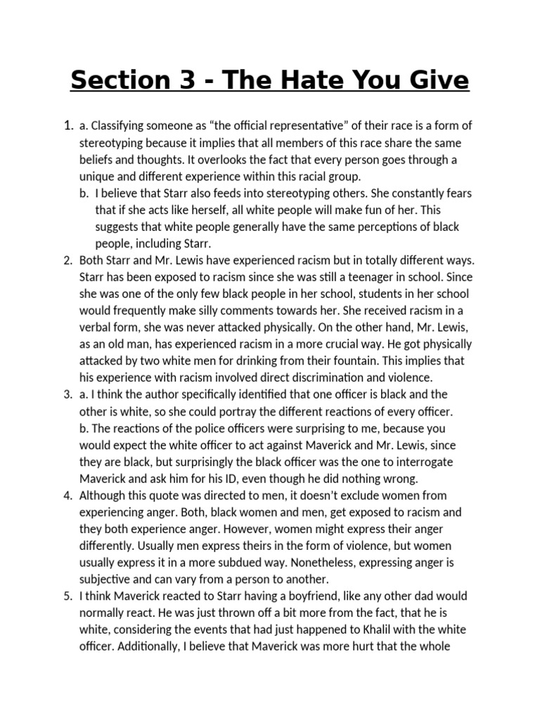 Section 3 - The Hate You Give | PDF | Racism | Discrimination & Race ...
