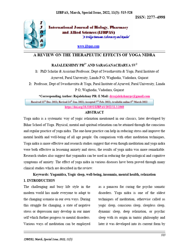 A Review On The Therapeutic Effects of Yoga Nidra | PDF | Psychology