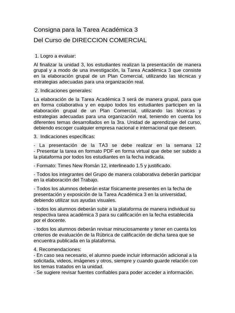 Consigna Tarea Academica 3 Direccion Comercial 18026 | PDF