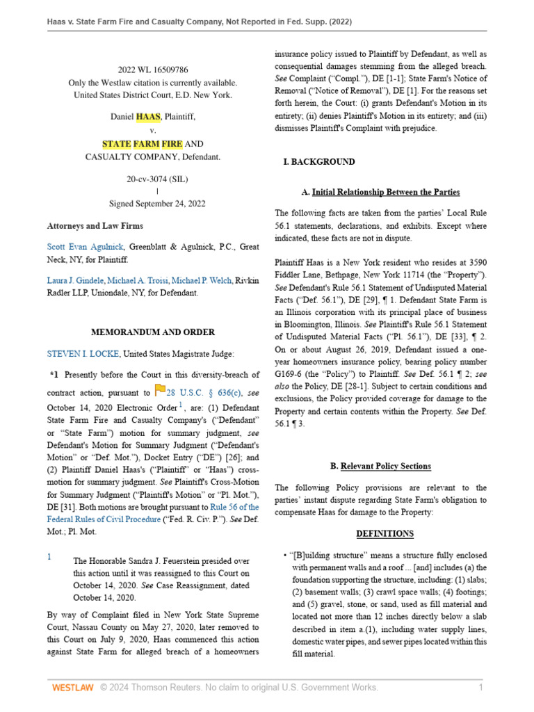 Haas V State Farm Fire and Casualty Company | PDF | Summary Judgment ...