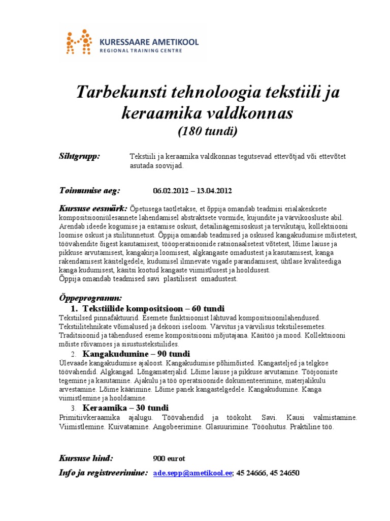 Keraamika Ja Kangakudumise Koolitus (180 Tundi) | PDF