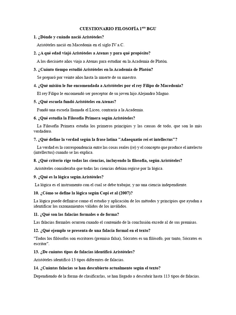 Cuestionario Filosofía 1ero Bgu 2-6691729457734 | PDF | Falacia | Aristóteles